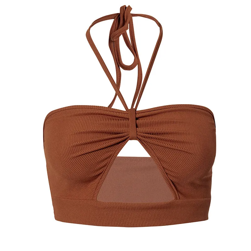 Wholesale Summer Women Sexy Edgy Solid Color Halter Neck Cut Out Rib