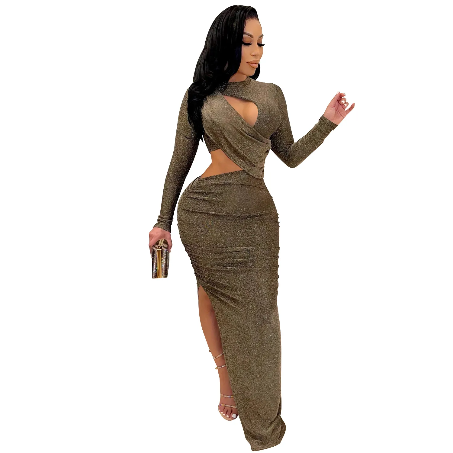Wholesale Elegant Women Sexy Cut Out Round Neck Long Sleeves Sequins