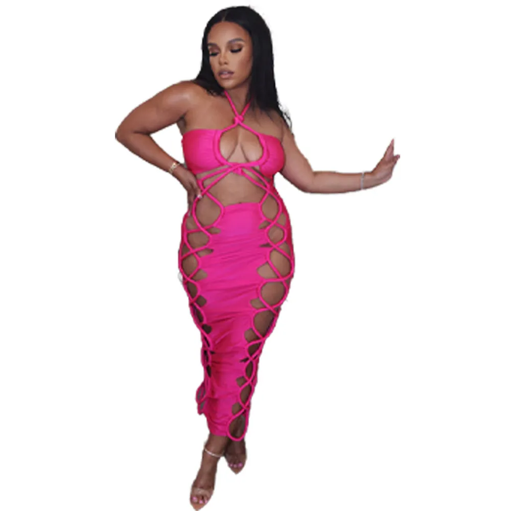 Wholesale Women Sexy Edgy Halter Neck Drawstring Cut Out Solid Color