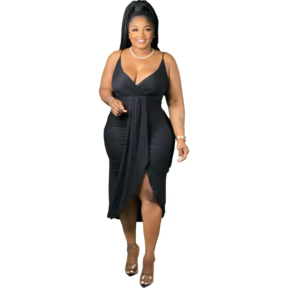Wholesale Womens Fashion Sexy V Neck Slit Irregular Spaghetti Strap Dress