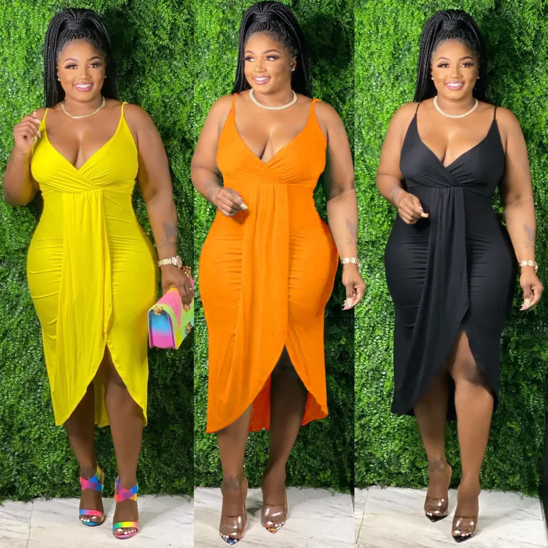 Wholesale Womens Fashion Sexy V Neck Slit Irregular Spaghetti Strap Dress