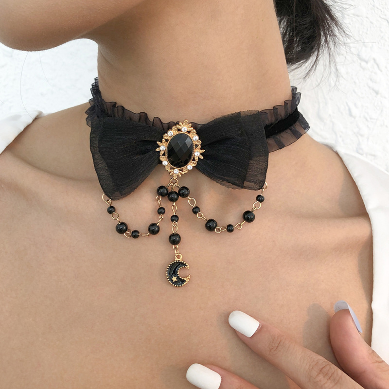 Women Fashion Vintage Gothic Bow Imitation Pearls Tassel Lace Choker