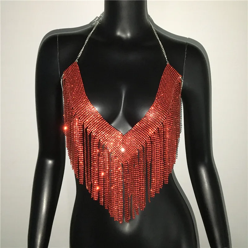 Wholesale Nightclub Sex Women Rhinestone Metal Chain Tassel Halter Top