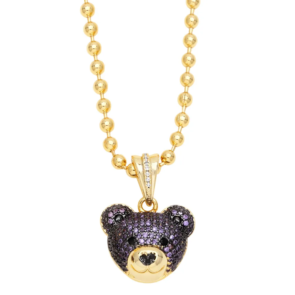Wholesale Women Fashion Cute Full Diamond Bear Head Pendant Necklace
