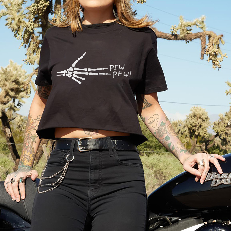 Wholesale Women Fashion Casual Skull Hand Print Round Neck Short Sleeve ...