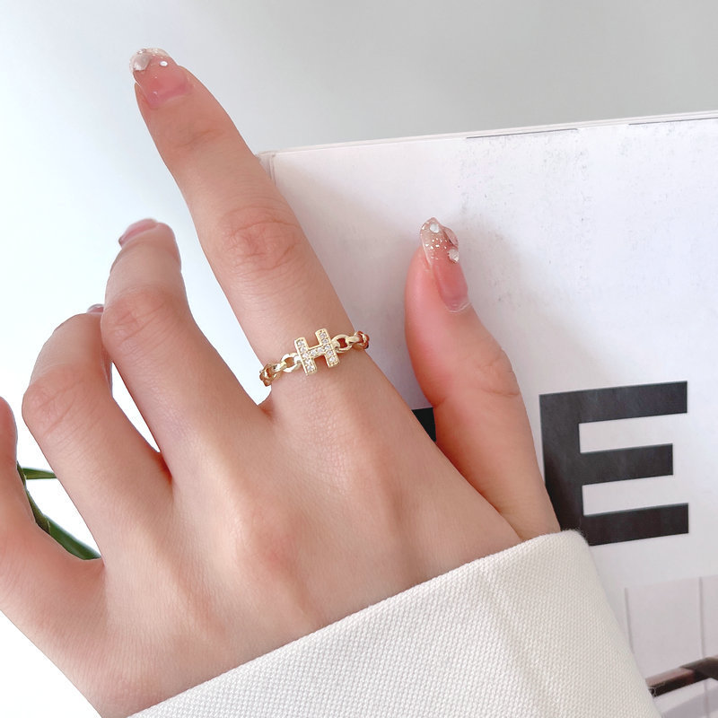 Women Fashion Creative Letter H Gold Plated Rhinestone Opening Adjustable Ring