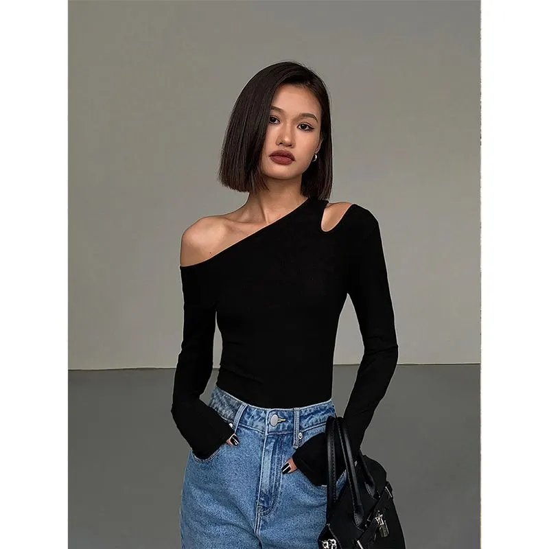 Wholesale Edgy Women Sexy Tight Oblique Shoulder Long Sleeve Slim Fit