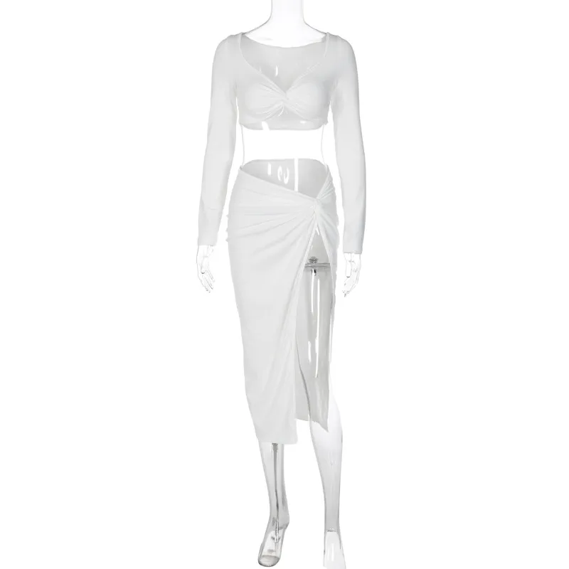 Wholesale Women Fashion Sexy V Neck Long Sleeve Crop Top Split Skirt