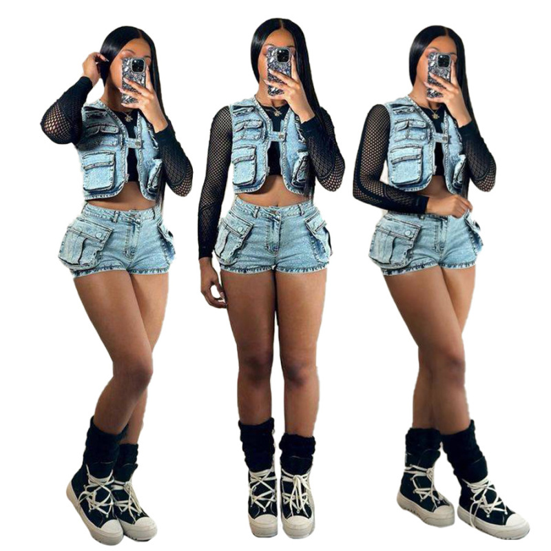 Wholesale Women Fashion Multi-Pocket Denim Vest Top Shorts Wholesale Women Fashion Multi-Pocket Denim Vest Top Shorts