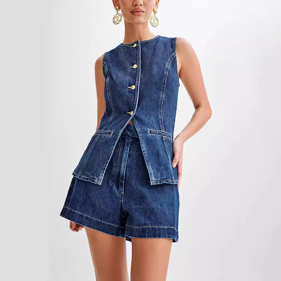 Wholesale Women Fashion Casual Button Sleeveless Denim Top High Waist Shorts Two-Piece Set