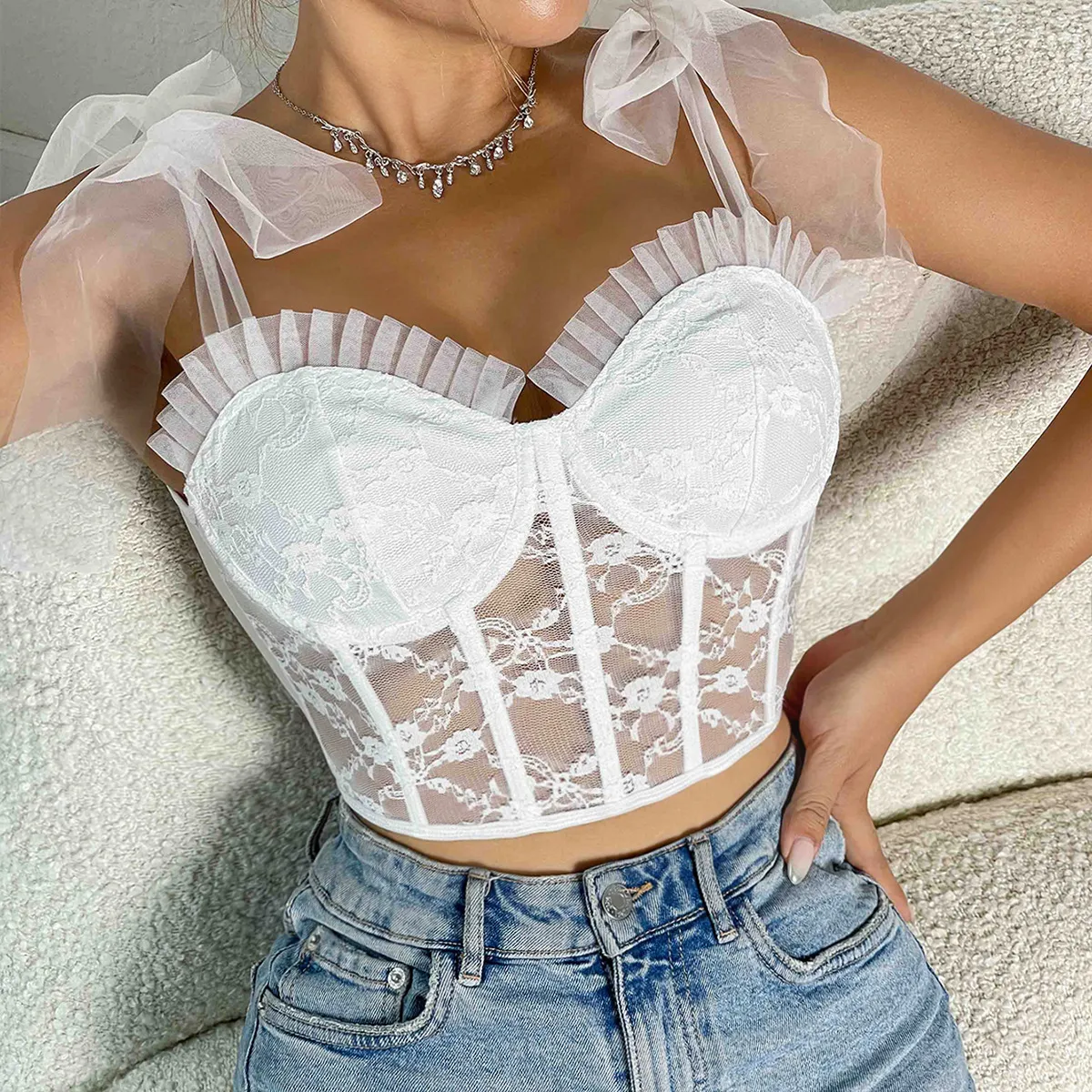 Wholesale Women Sexy Solid Color Lace Mesh Strap Corsets Crop Top