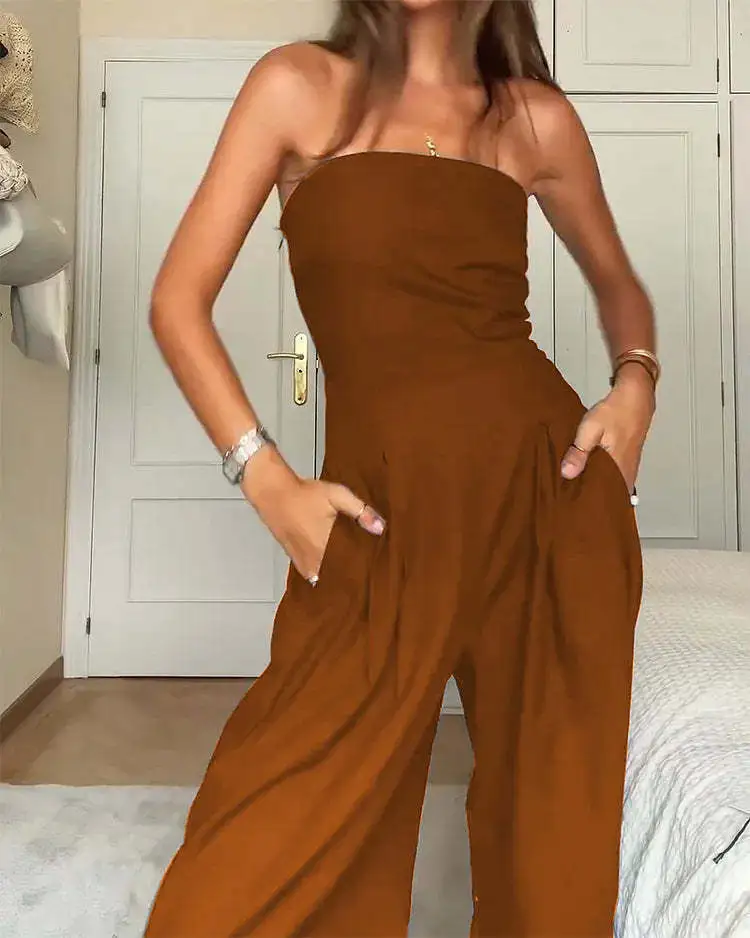 Wholesale Women Fashion Sexy Solid Color Tube Top Slim-Fit Jumpsuits